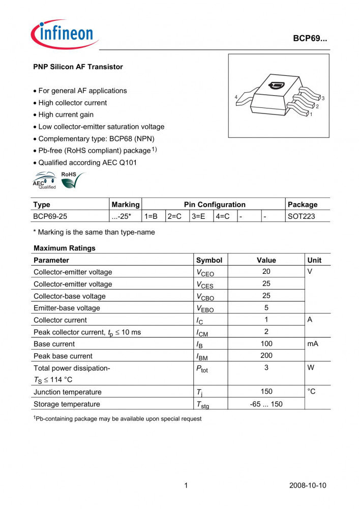 BCP69-25E6327 datasheet page 1