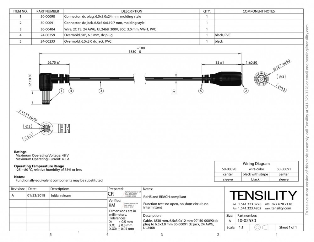 Tensility International 10-02530 cable assembly drawing
