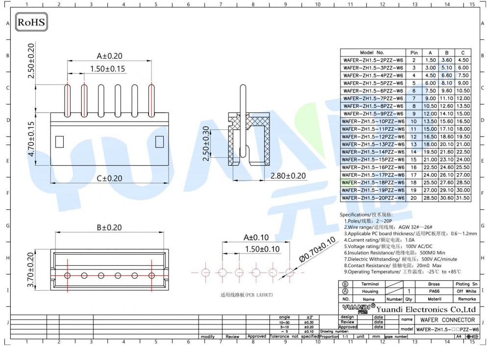 YUANDI WAFER-ZH1.5-6PZZ-W6 product drawing