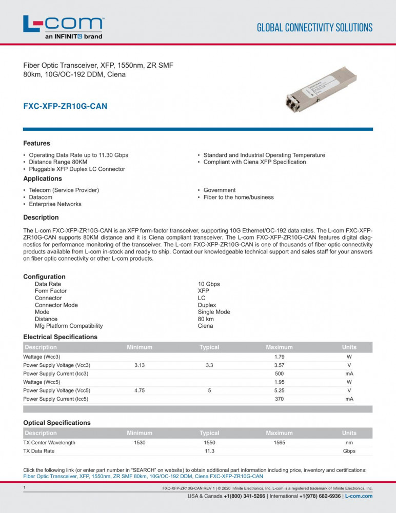 FXC-XFP-ZR10G-CAN datasheet page 1