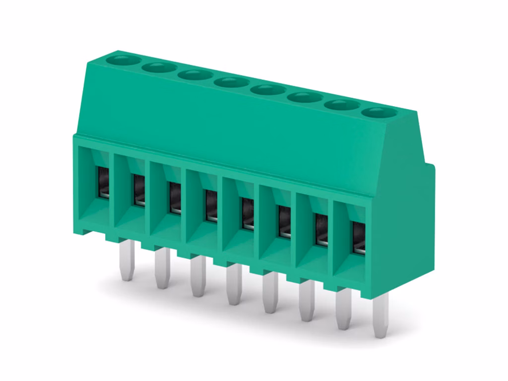5.00mm Pitch Eurostyle 45° Angle PCB Header, Open Ends, 9 Circuits, Green