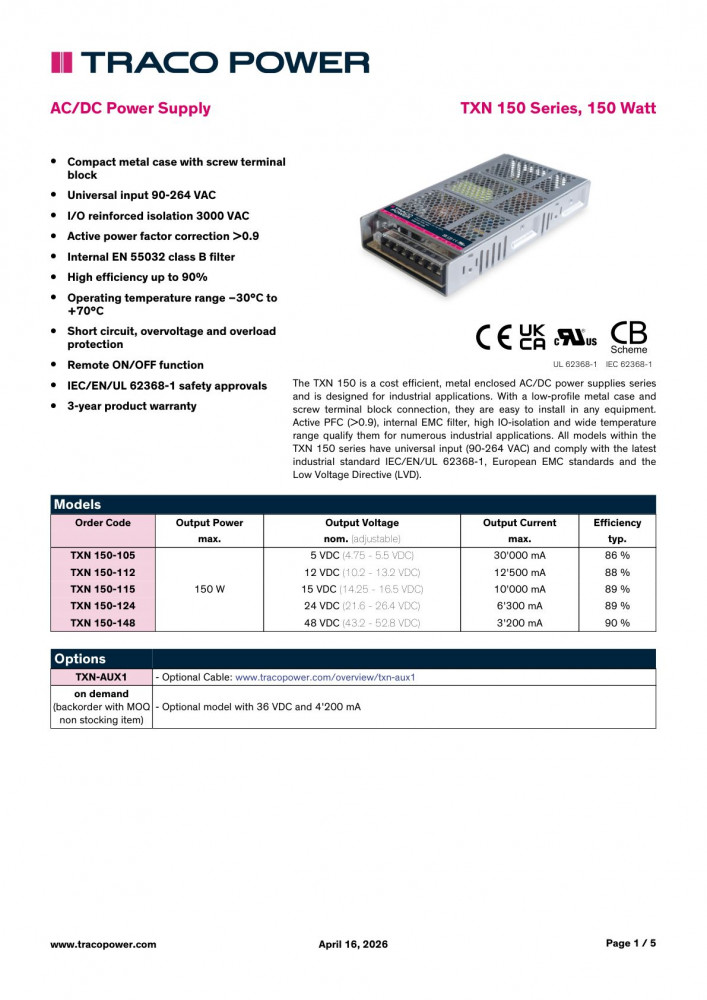 TXN 150 series datasheet page 1