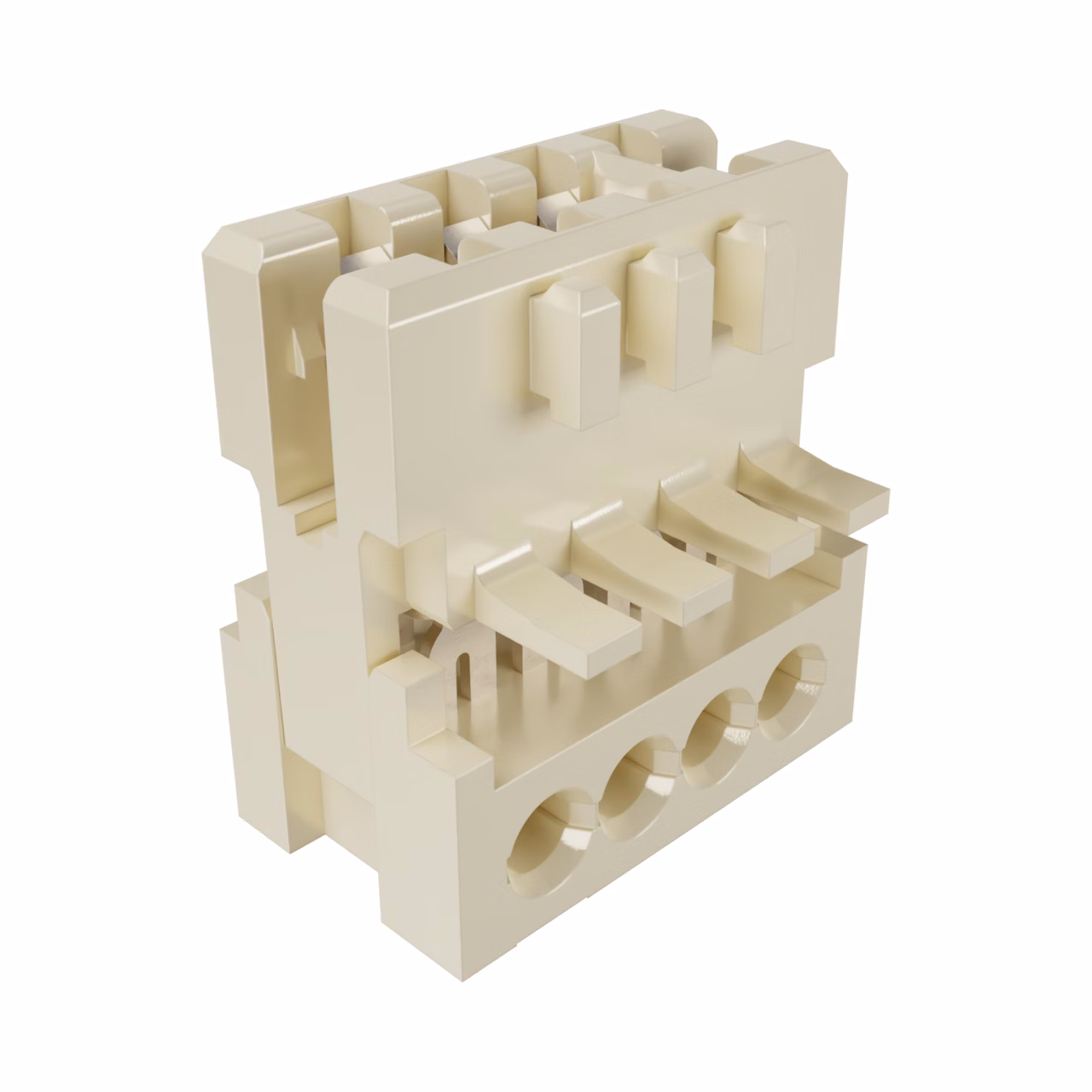 Appli-Mate RAST 2.5 Connector, 2.50mm Pitch, Female, 4 Circuits, Positions A and E Removed, Polarizing Rib Between 2/3, Locking Pips, 1 Slotted and 1 Open Endwall, Tin Plating