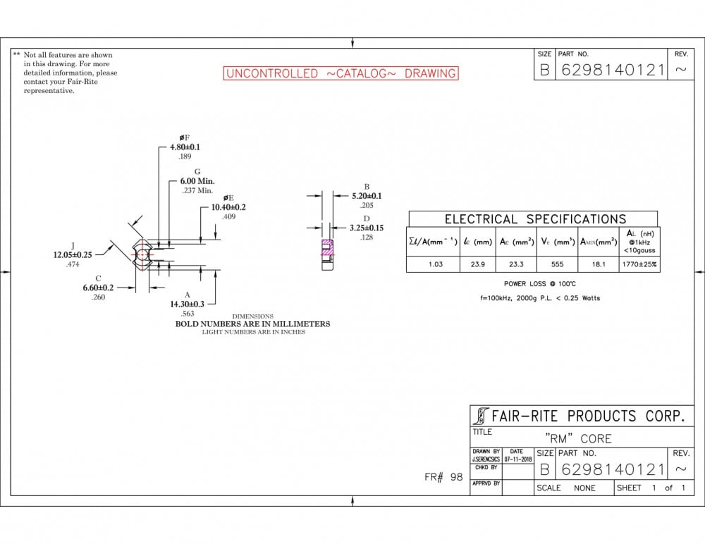 Fair-Rite 6298140121 RM Core drawing