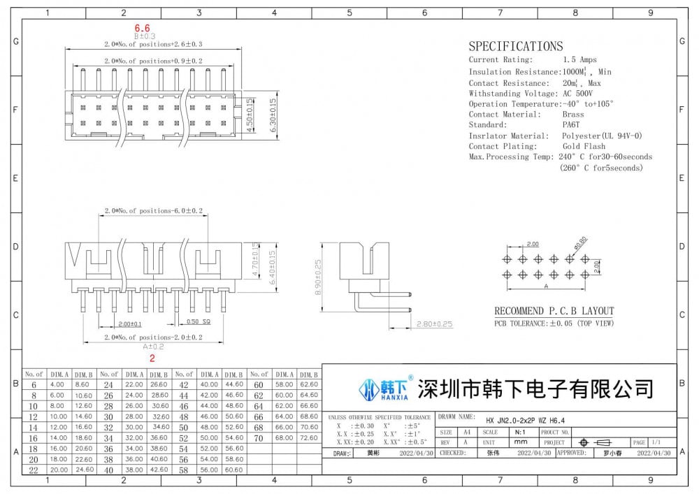 HX JN2.0-2x2P WZ H6.4 technical drawing