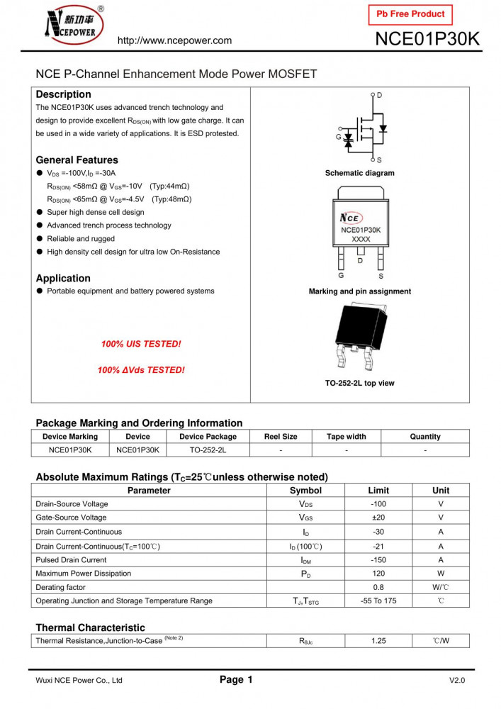 NCE01P30K datasheet page 1