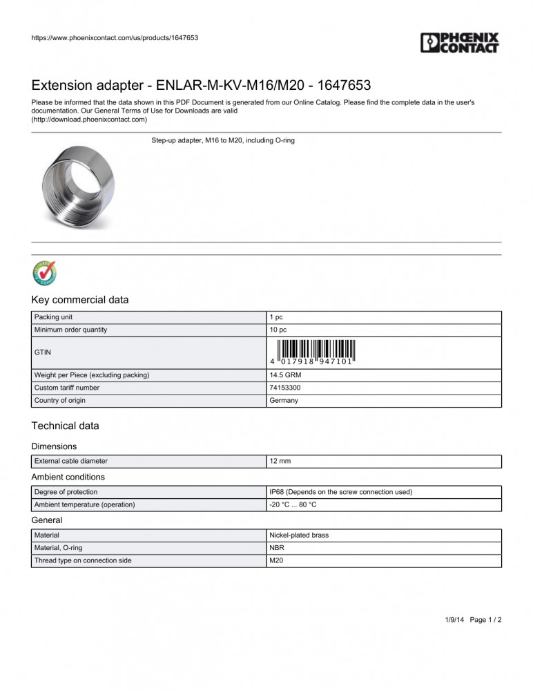 Phoenix Contact ENLAR-M-KV-M16/M20 1647653 product data sheet view