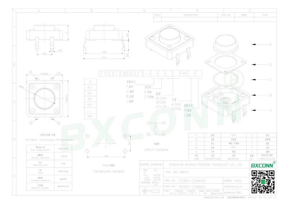 BXCONN TS1801-CZ55HBS technical document page