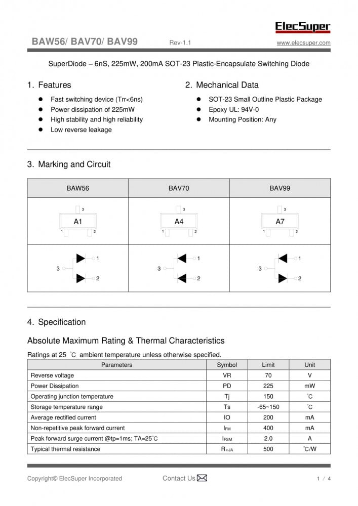 ElecSuper BAV70 datasheet page 1