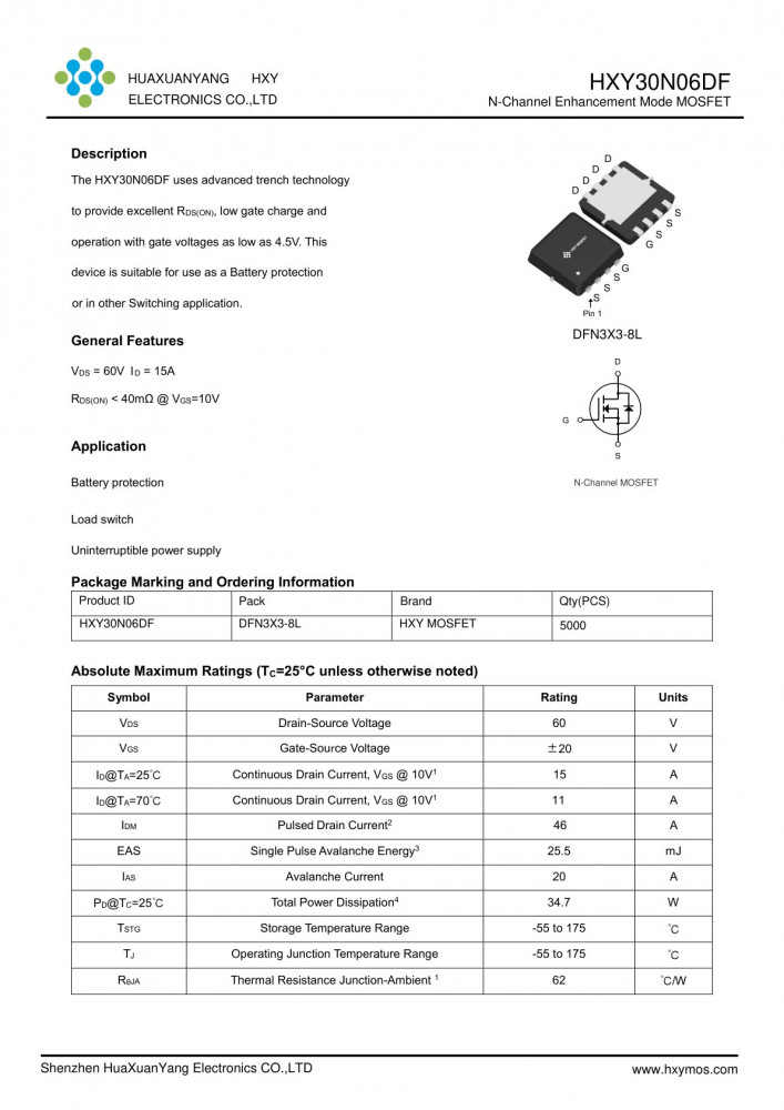 HXY30N06DF datasheet page 1