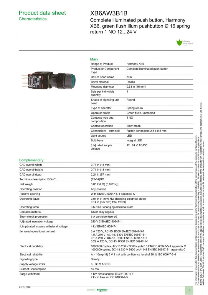 XB6AW3B1B technical document page 1