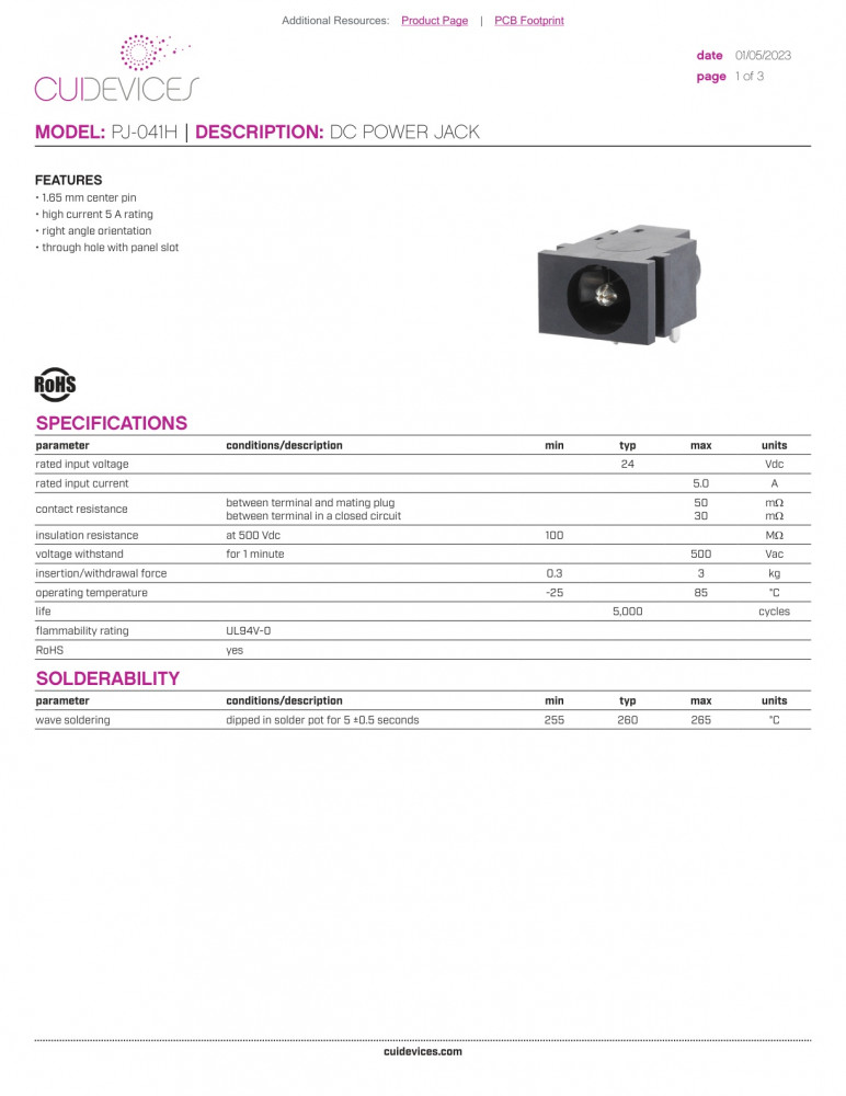PJ-041H technical document page 1