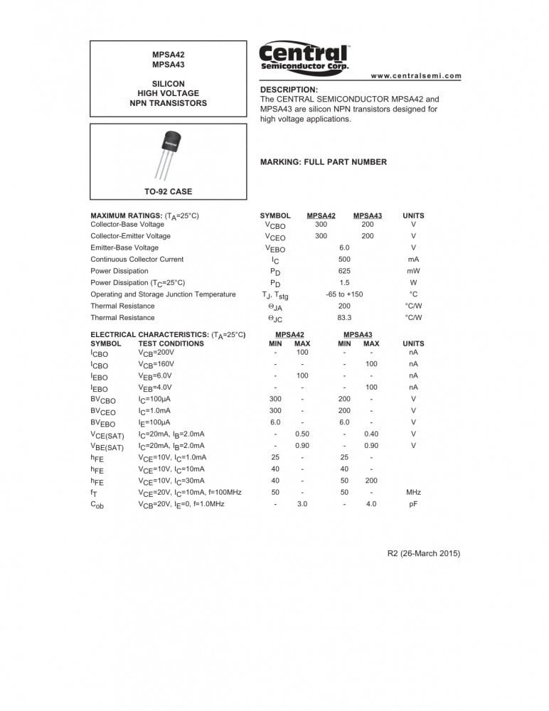 MPSA42 and MPSA43 datasheet page 1