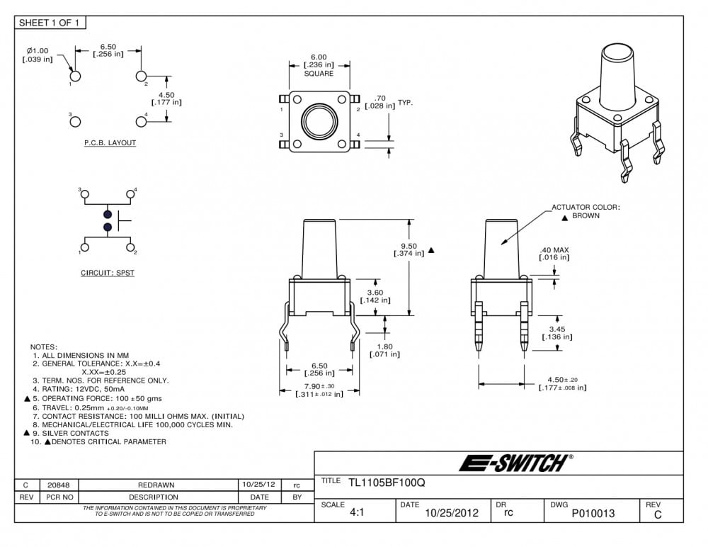 E-Switch TL1105BF100Q technical drawing