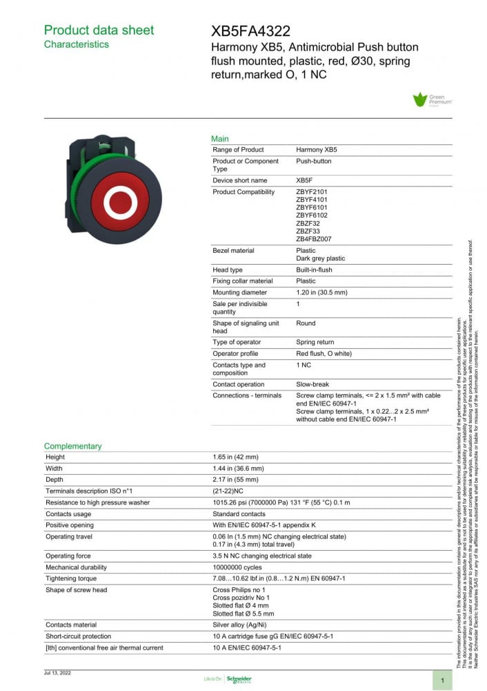 XB5FA4322 technical document page 1