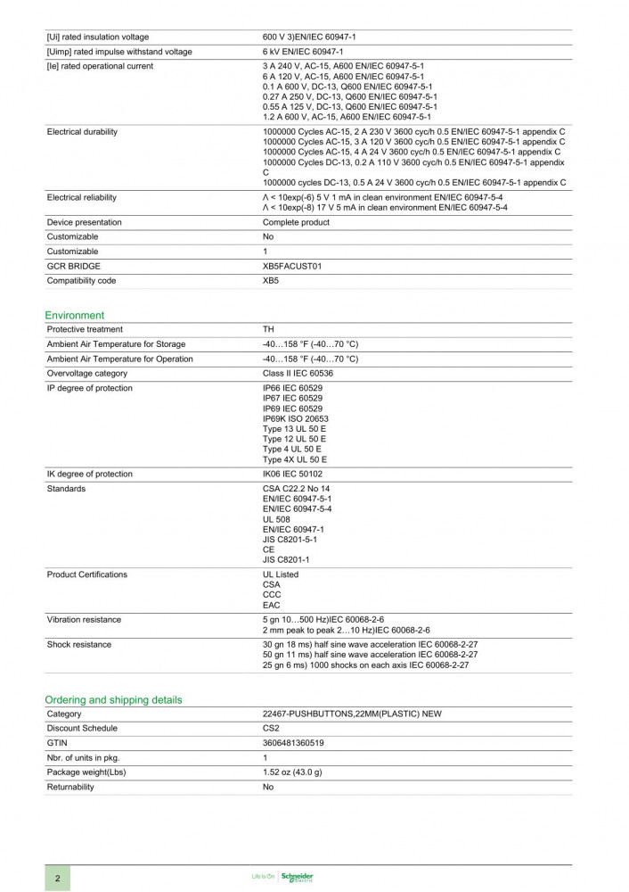 XB5FA4322 technical document page 2