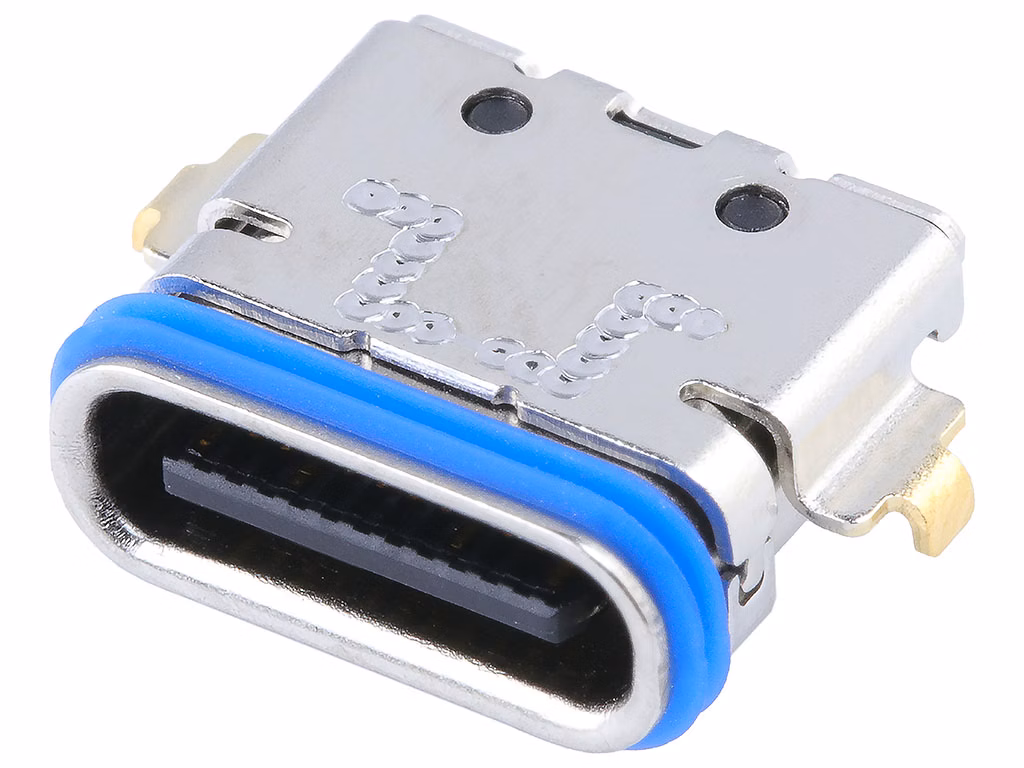 Universal Serial Bus (USB) Shielded I/O Receptacle, Type C, Right-Angle, Mid-mount, Surface Mount, Center Height 0mm, 24 Circuits, 0.75µm Gold (Au) Plating, Waterproof IPX7 for sale