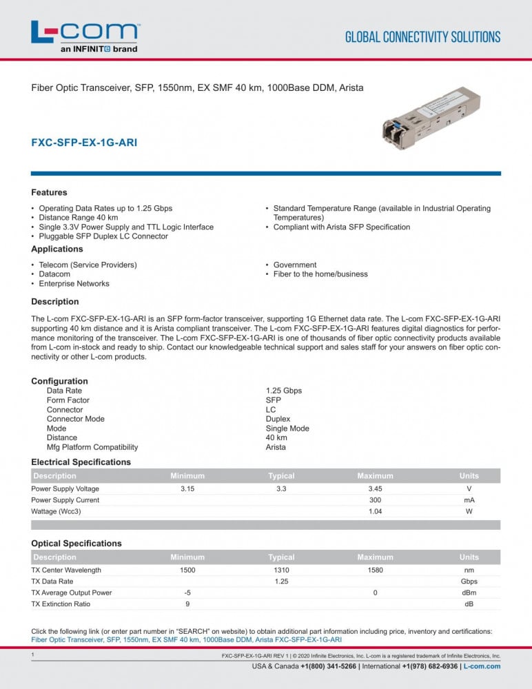 FXC-SFP-EX-1G-ARI datasheet page 1
