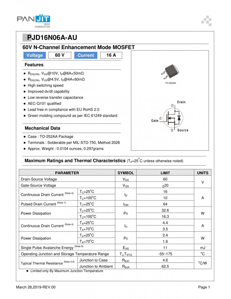 PJD16N06A-AU datasheet page 1