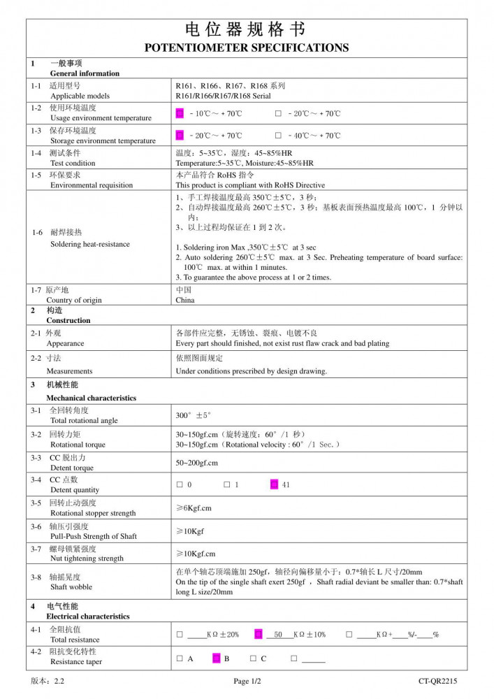 CTR potentiometer specification page 1