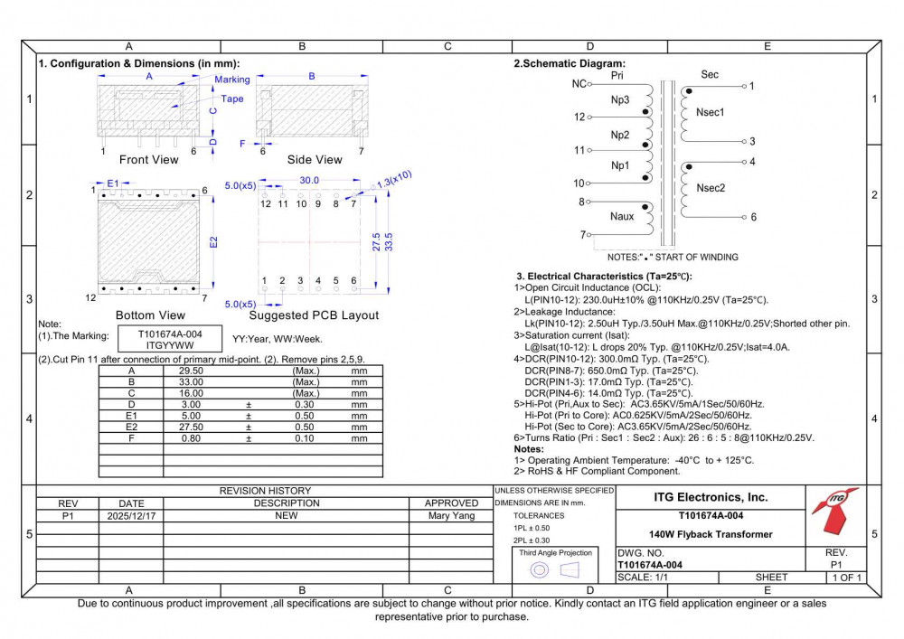 T101674A-004 flyback transformer technical drawing