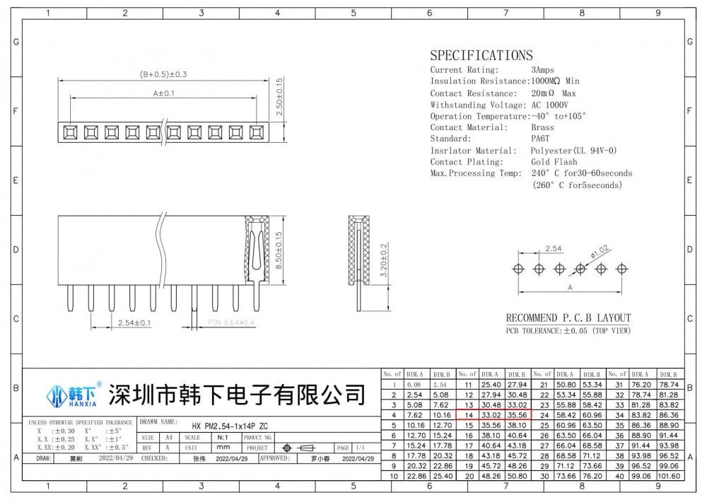 HX PM2.54-1x14P ZC technical drawing