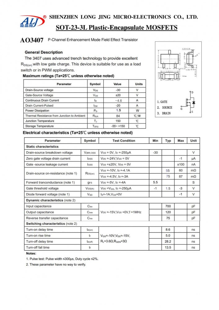 AO3407 datasheet page 1