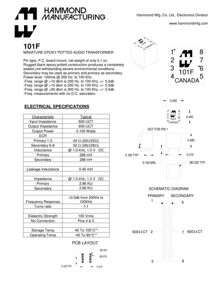 Hammond 101F technical document page 1