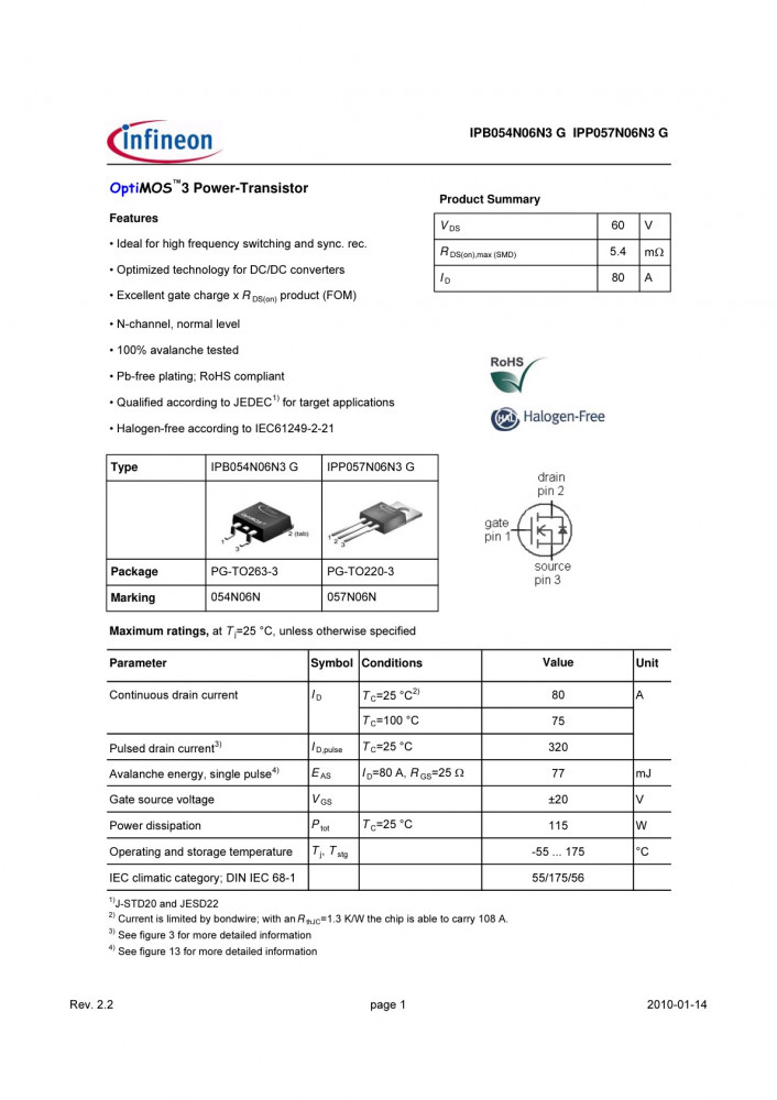 IPB054N06N3 G datasheet page 1