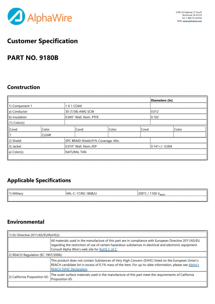 Alpha Wire 9180B technical specification page 1