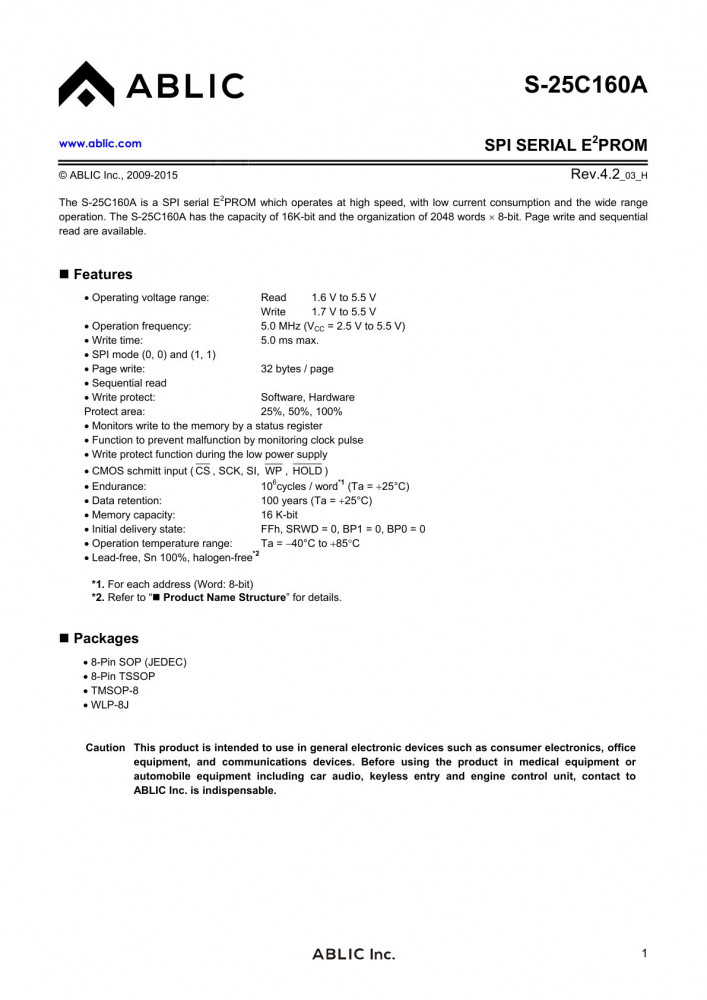 ABLIC S-25C160A datasheet page 1
