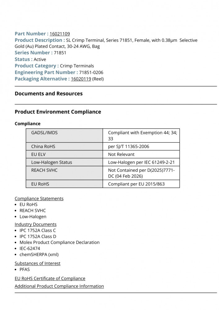MOLEX SL product specification page 1