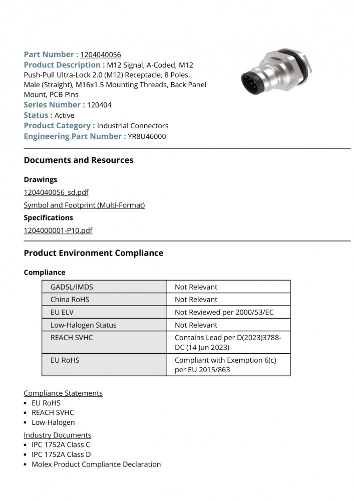 Molex product specification document page 1