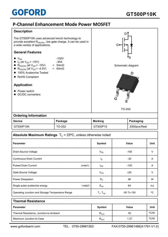 GT500P10K datasheet page 1