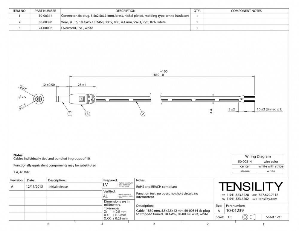 10-01239 Tensility International cable assembly drawing