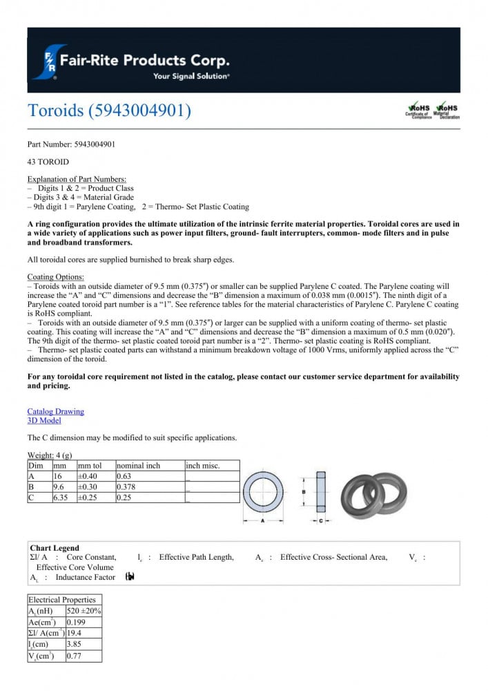 Fair-Rite 5943004901 catalog drawing and specifications