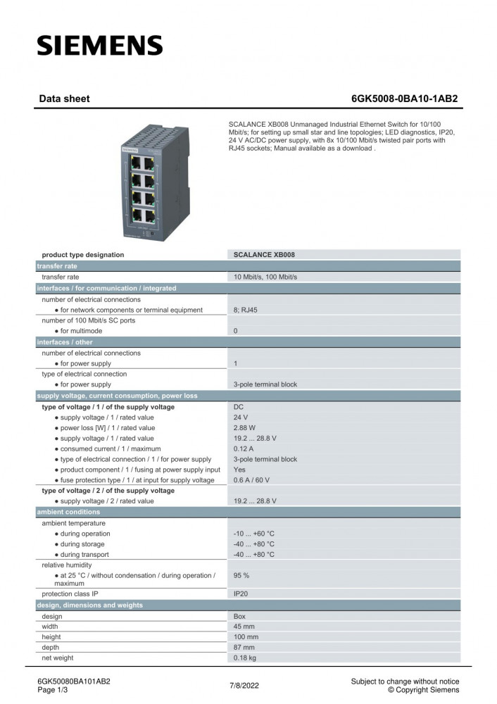 SCALANCE XB008 technical document page 1