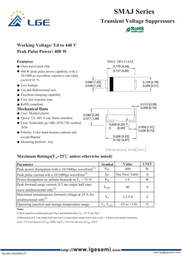 LGE SMAJ series datasheet page 1