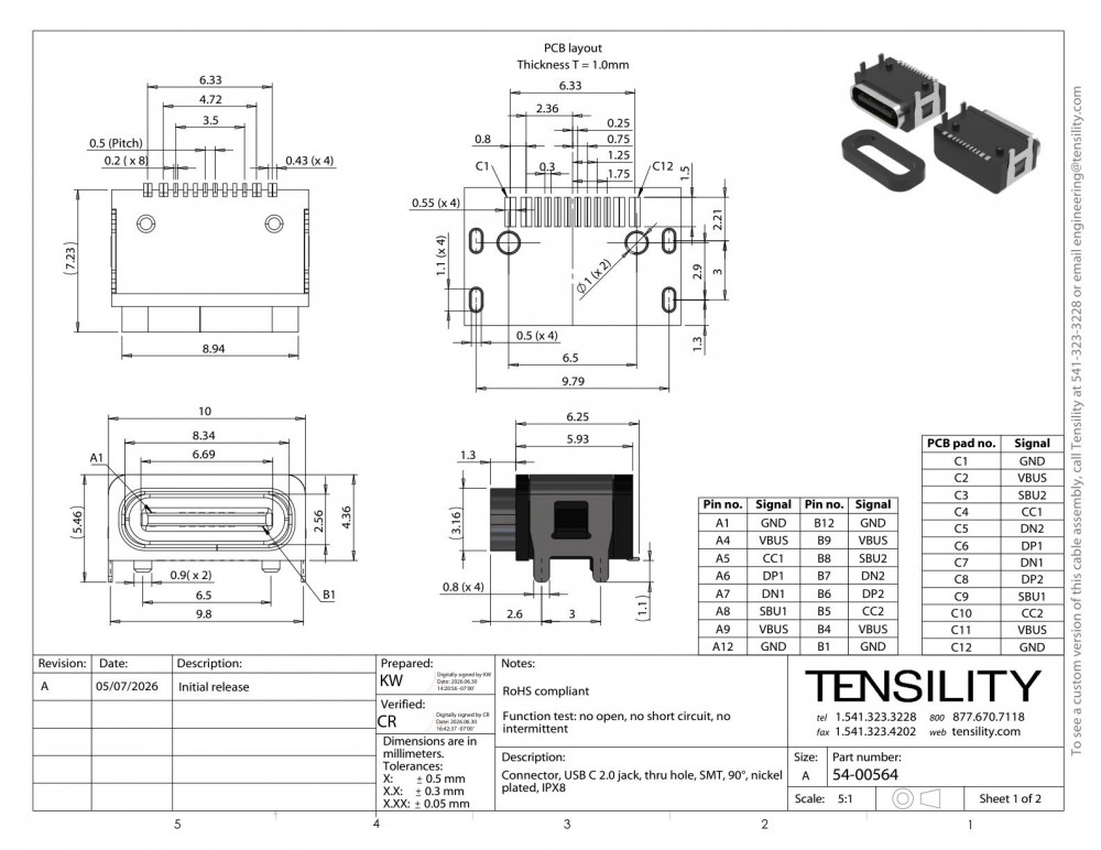 Tensility 54-00564 USB Type-C receptacle technical drawing, page 1