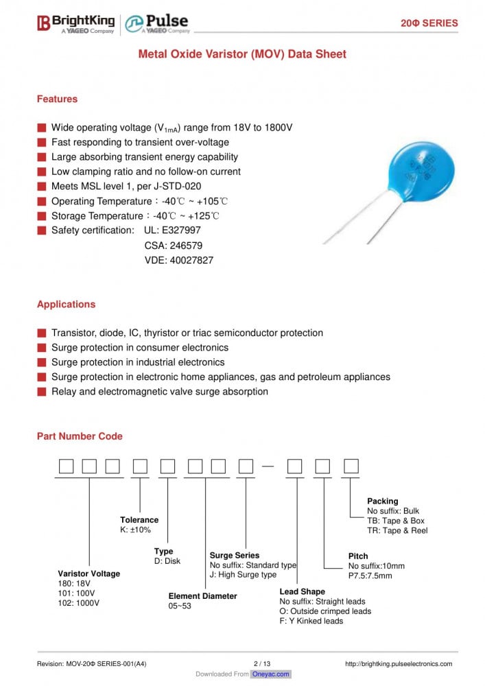 Brightking MOV datasheet page 1