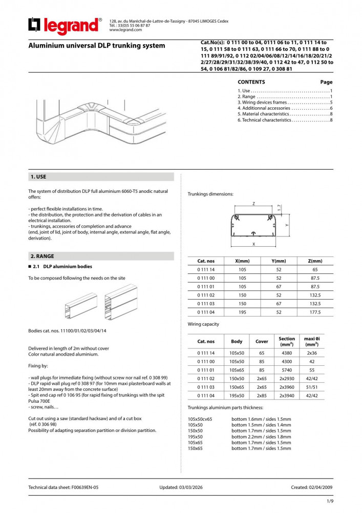 Legrand DLP aluminium trunking technical document, page 1