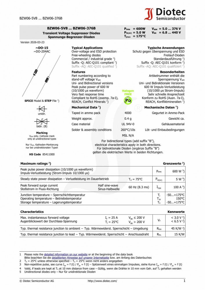 DIOTEC BZW06 datasheet preview, page 1