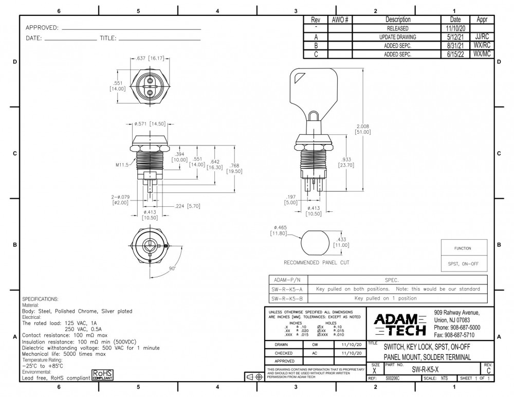 ADAM TECH SW-R-K5 key lock switch drawing preview