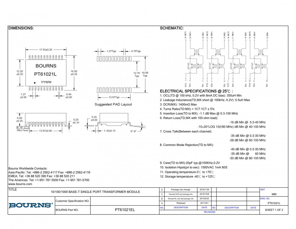 BOURNS PT61021EL technical drawing page 1
