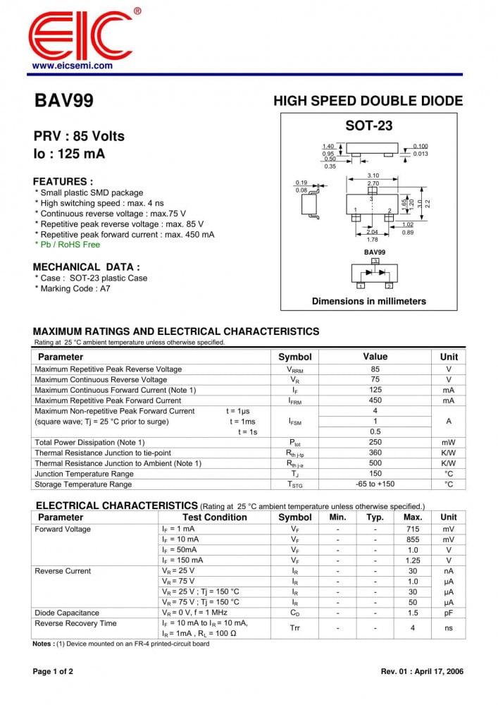 EIC BAV99 datasheet page 1