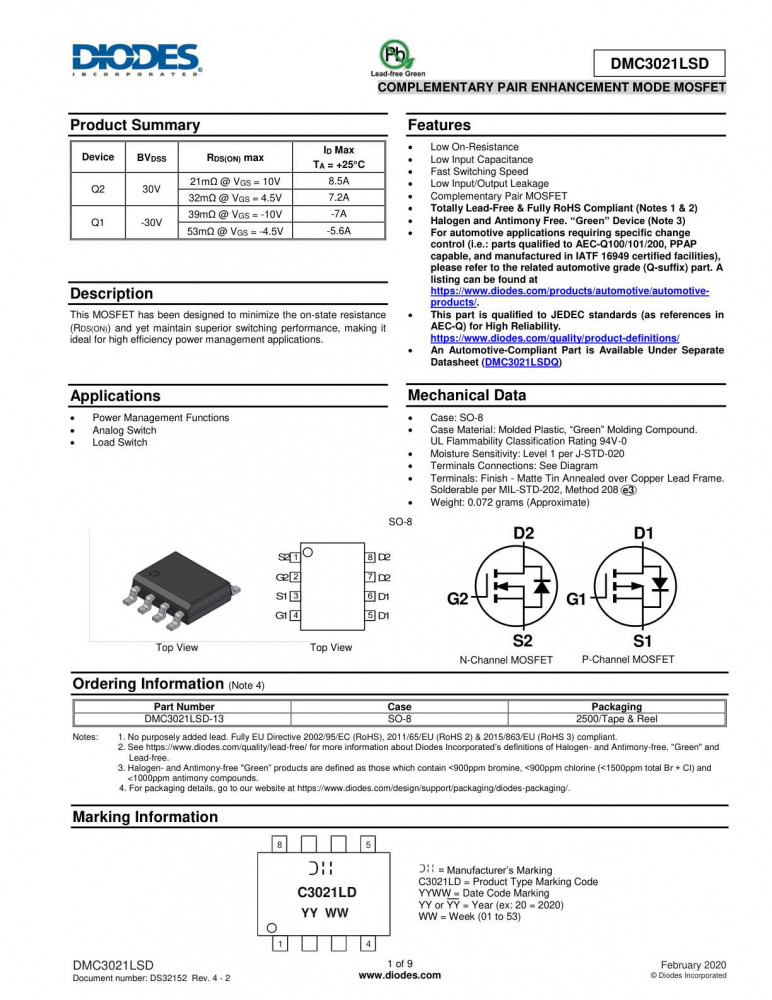 DMC3021LSD-13 datasheet page 1