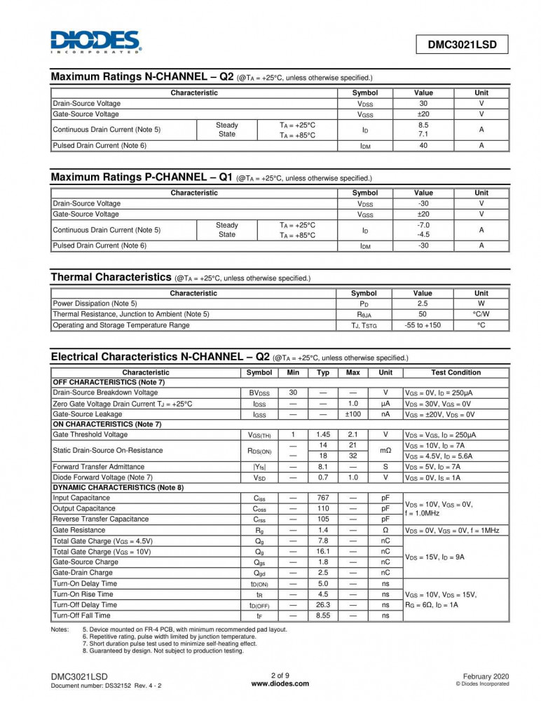 DMC3021LSD-13 datasheet page 2