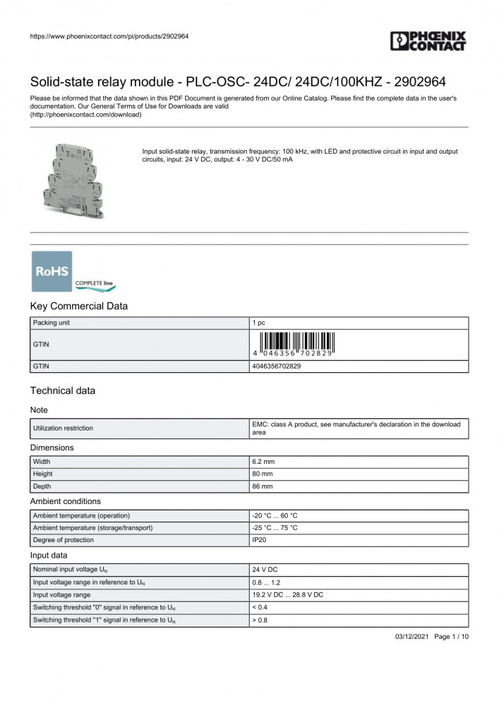 Phoenix Contact 2902964 document page 1