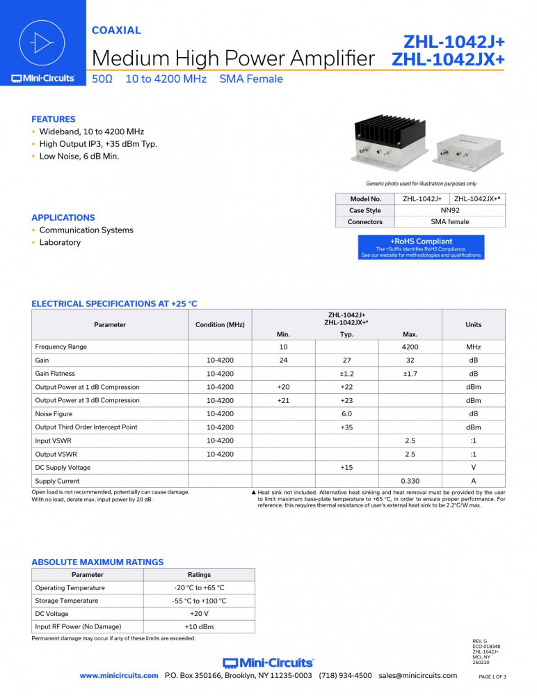 ZHL-1042J+ technical document, page 1