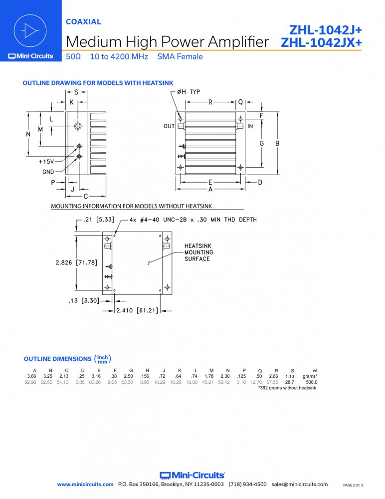 ZHL-1042J+ technical document, page 2